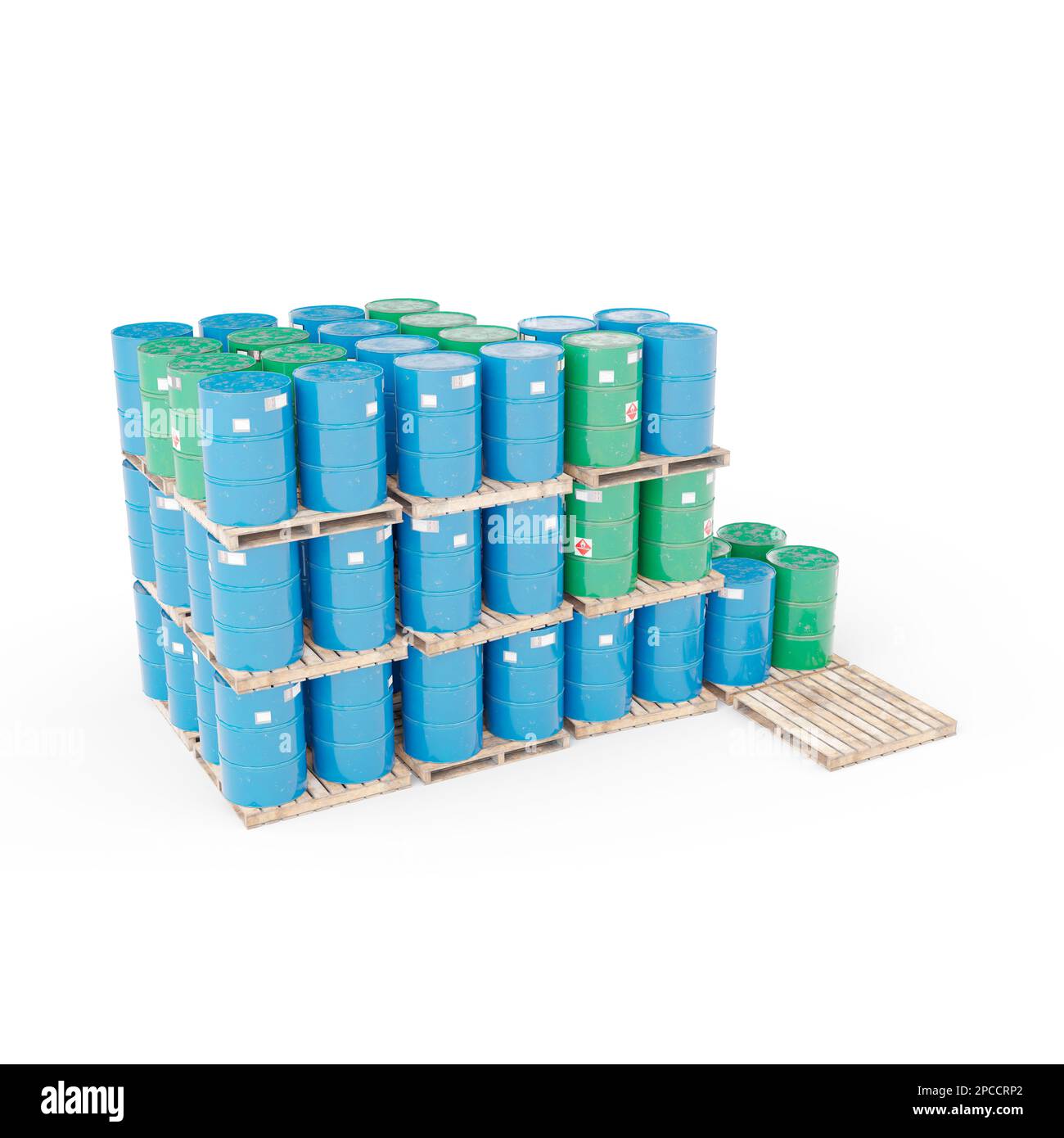 Blue barrels stacked on wooden pallets 3D rendering image perfect for ...