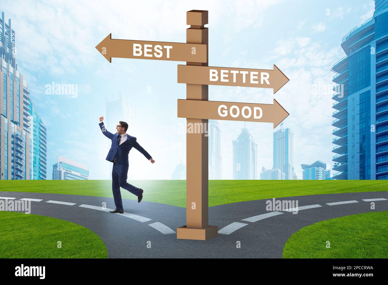 Crossroads concept with good better and the best Stock Photo - Alamy