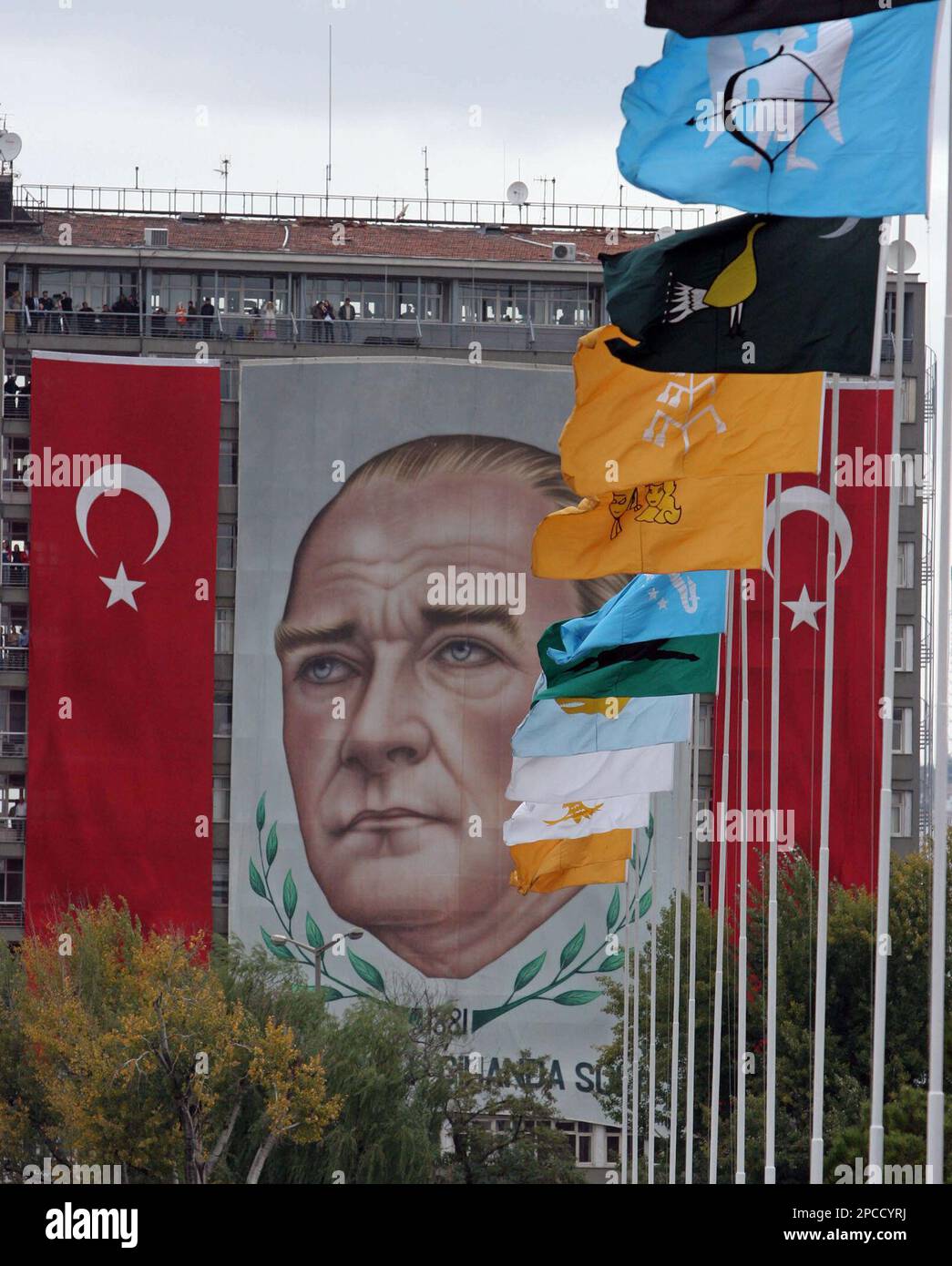 A giant portraif of Mustafa Kemal Ataturk, Turkey's founding father, is ...