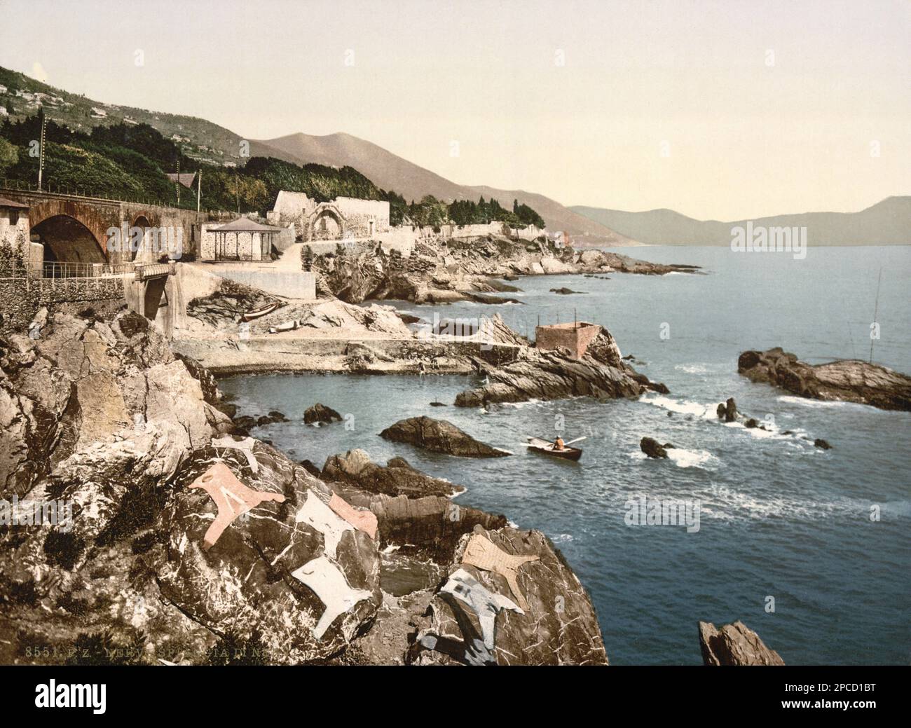 1905 ca. , GENOVA, ITALY : The coast of NERVI . Phocrom print colors ...