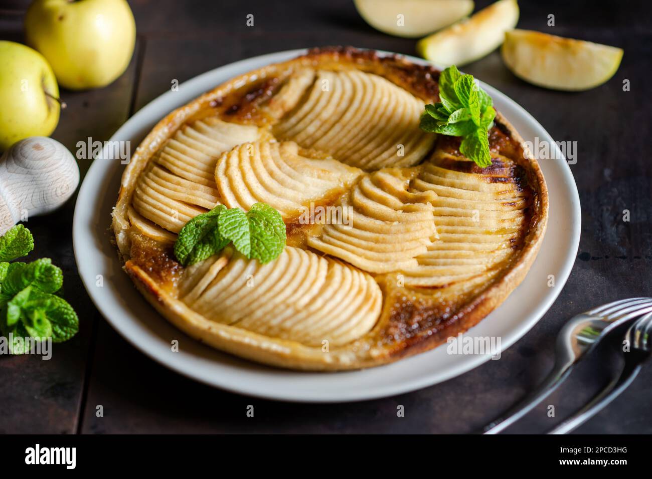 Apple french pie: temptation on black background. Traditional open pie ...