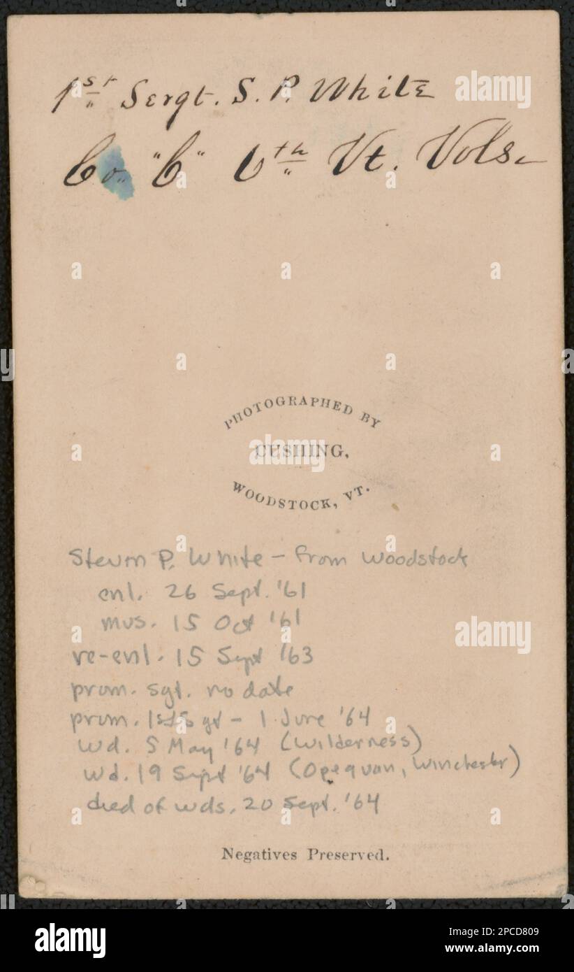 First Sergeant Stephen P. White of Co. C, 6th Vermont Infantry Regiment ...