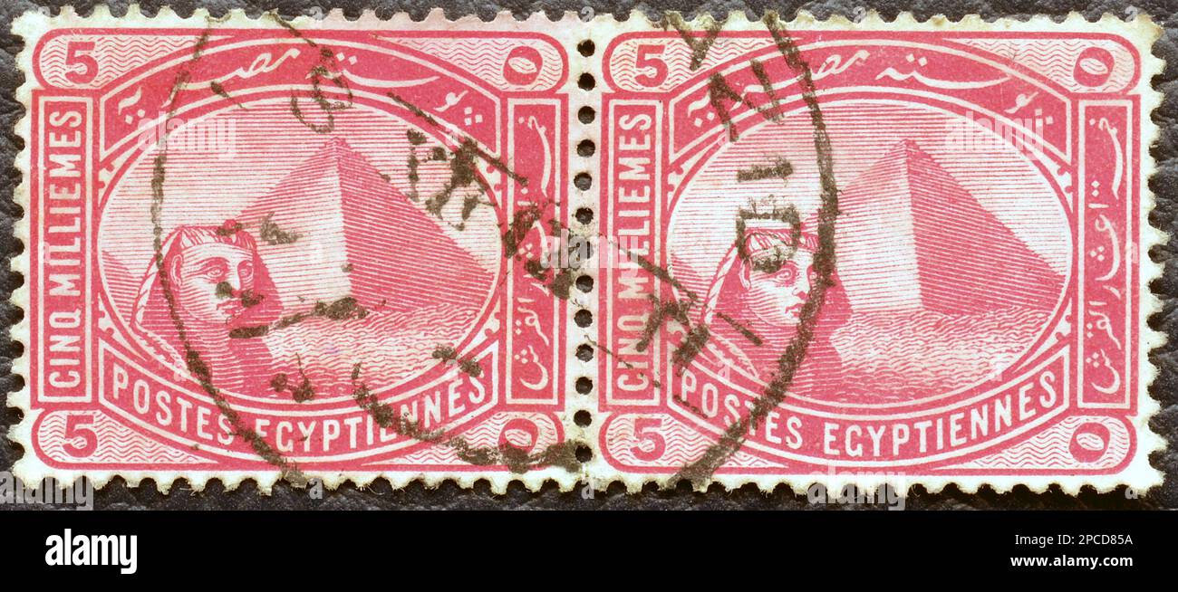 Cancelled postage stamp printed by Egypt, that shows Egypt Sphinx and ...