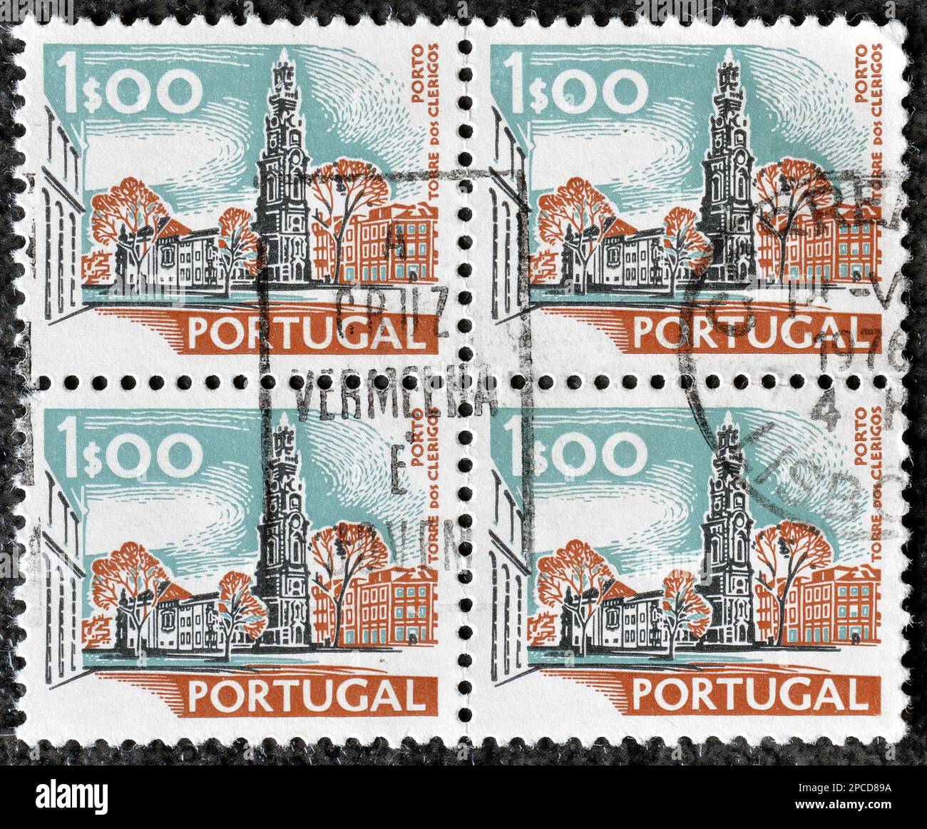 Cancelled postage stamp printed by Portugal, that shows Clerigos Church ...