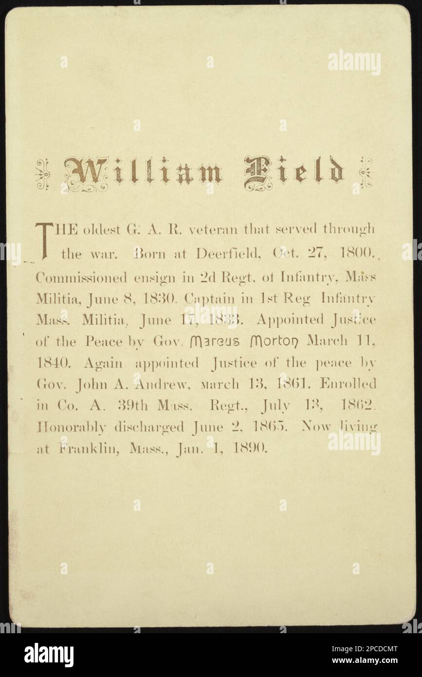 Civil War veteran William Field / E.E. Reed, Franklin, Mass.. Liljenquist Family Collection of ...