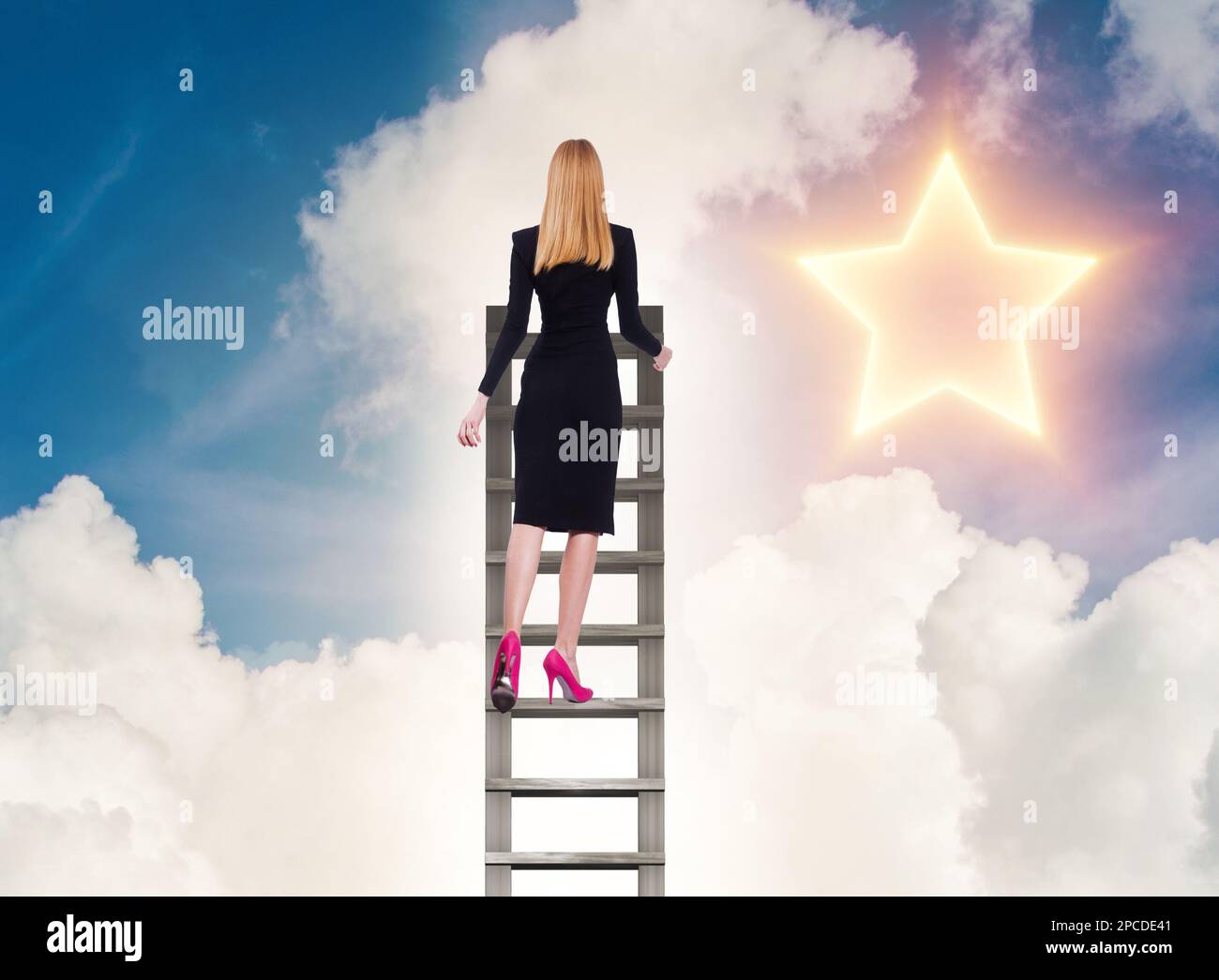 The businesswoman reaching out for stars in success concept Stock Photo ...