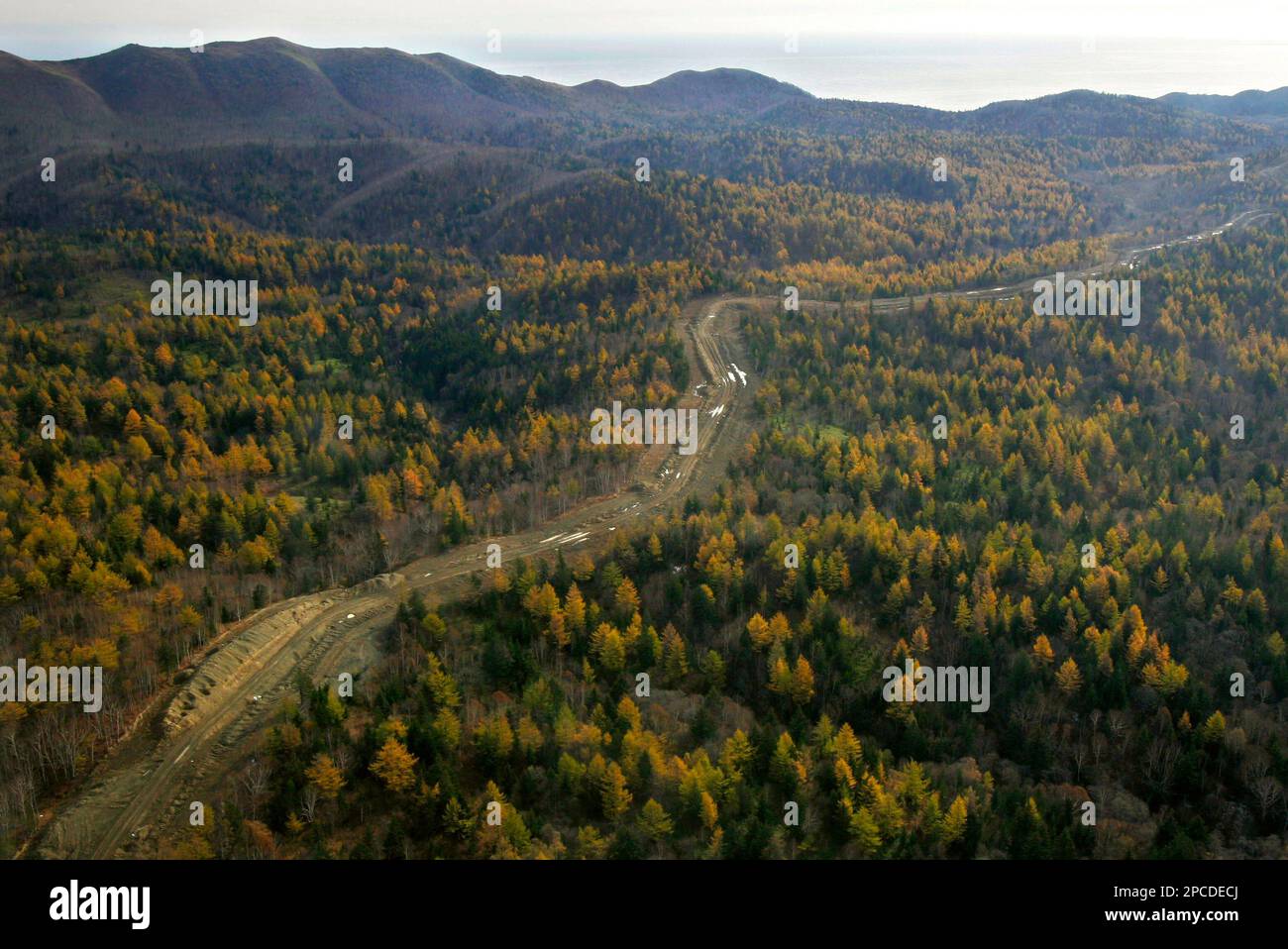 An aerial view showing part of the recently completed Sakhalin-2 oil ...