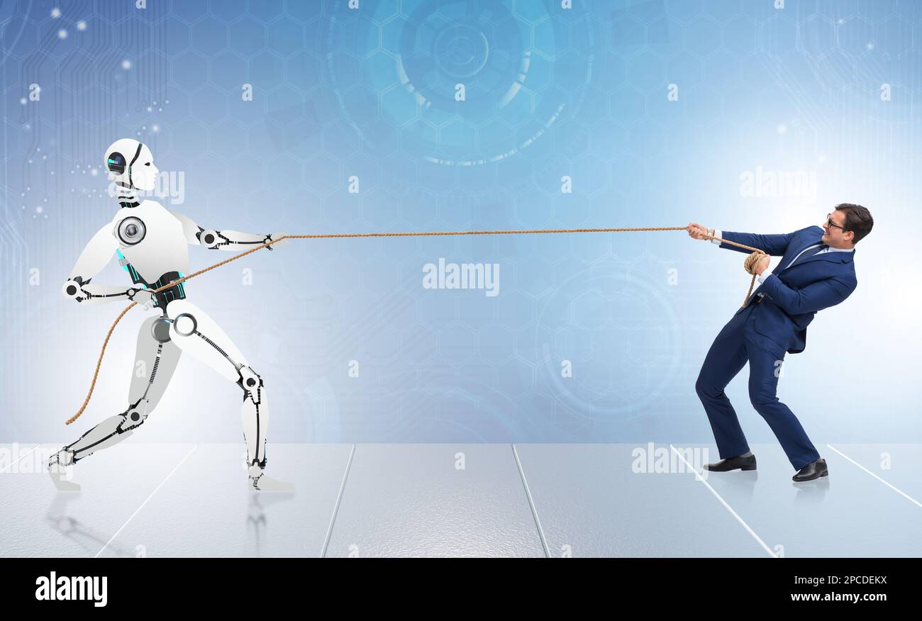 The competition between humans and robots in tug of war concept Stock ...