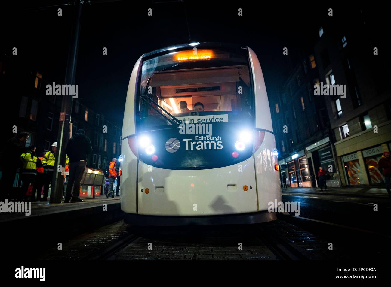 Edinburgh, Scotland, UK. 13 March 2023. The first tram on the new Trams to Newhaven project in ...
