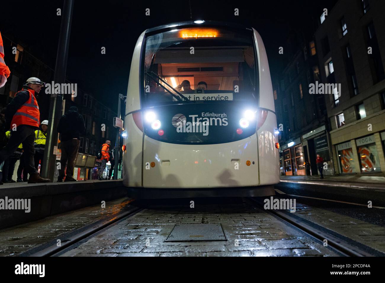 Edinburgh, Scotland, UK. 13 March 2023. The first tram on the new Trams to Newhaven project in ...