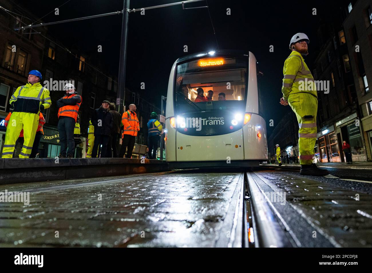 Edinburgh, Scotland, UK. 13 March 2023. The first tram on the new Trams ...