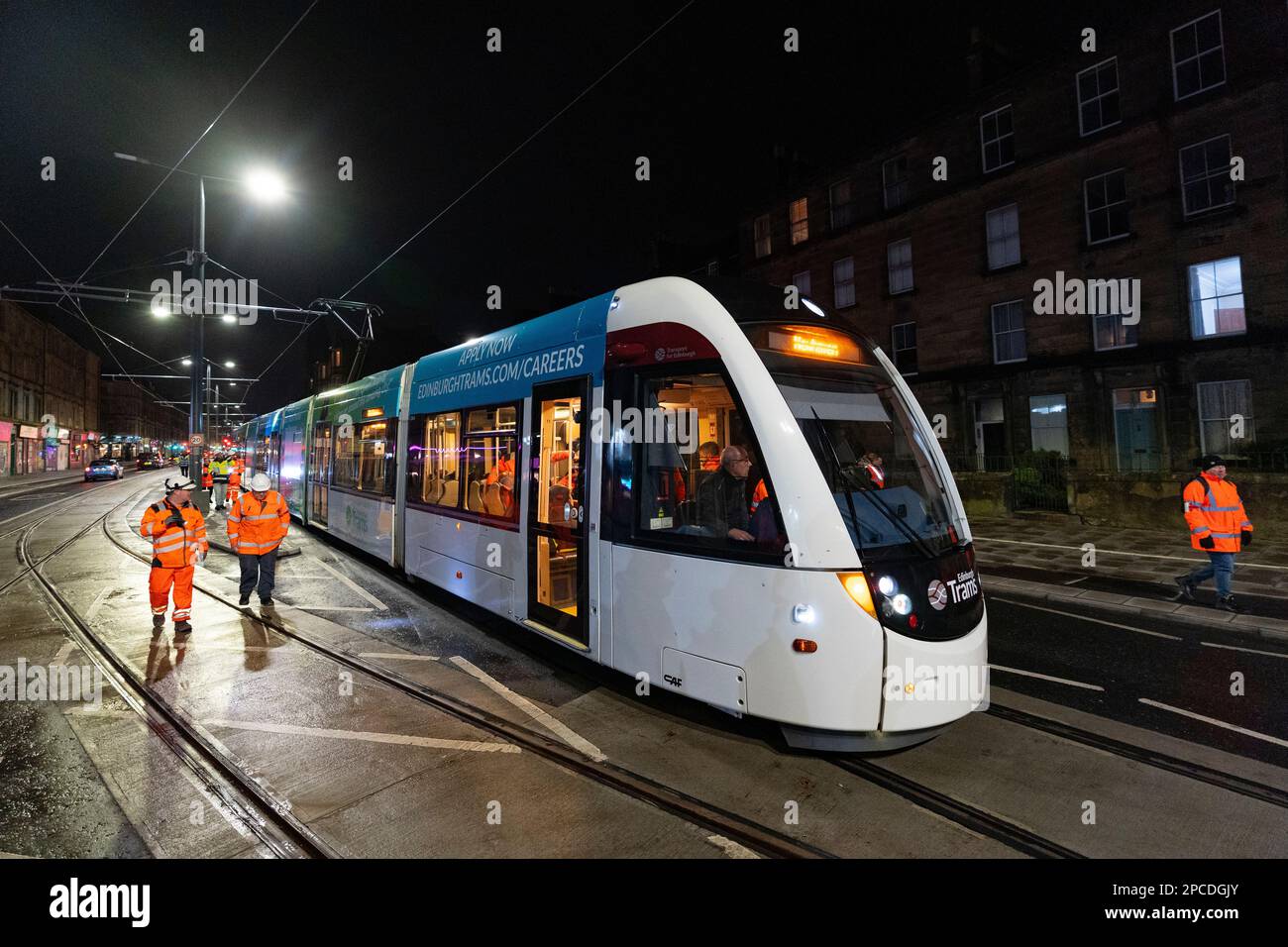 Edinburgh, Scotland, UK. 13 March 2023. The first tram on the new Trams to Newhaven project in ...