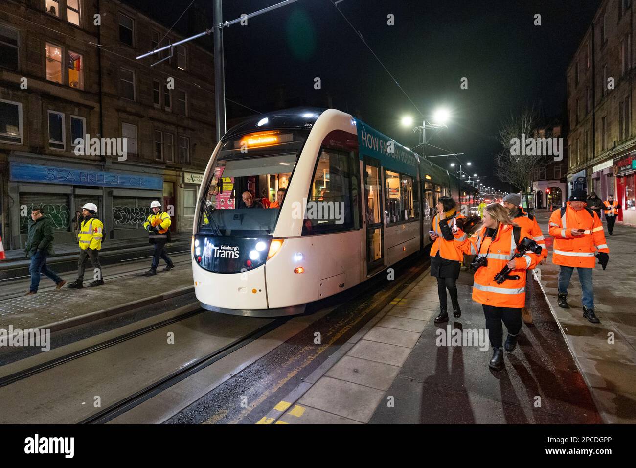 Edinburgh, Scotland, UK. 13 March 2023. The first tram on the new Trams ...