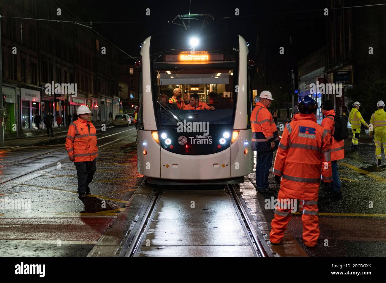 Edinburgh, Scotland, UK. 13 March 2023. The first tram on the new Trams ...
