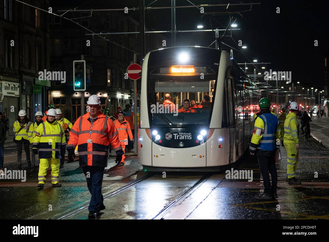 Edinburgh, Scotland, UK. 13 March 2023. The first tram on the new Trams ...
