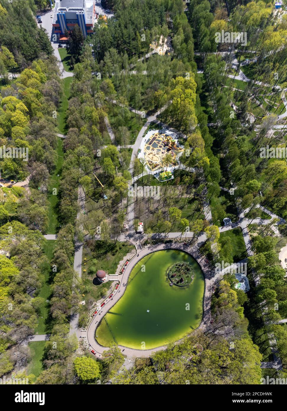 Attractions and decorative pond recreation area in spring greenery ...