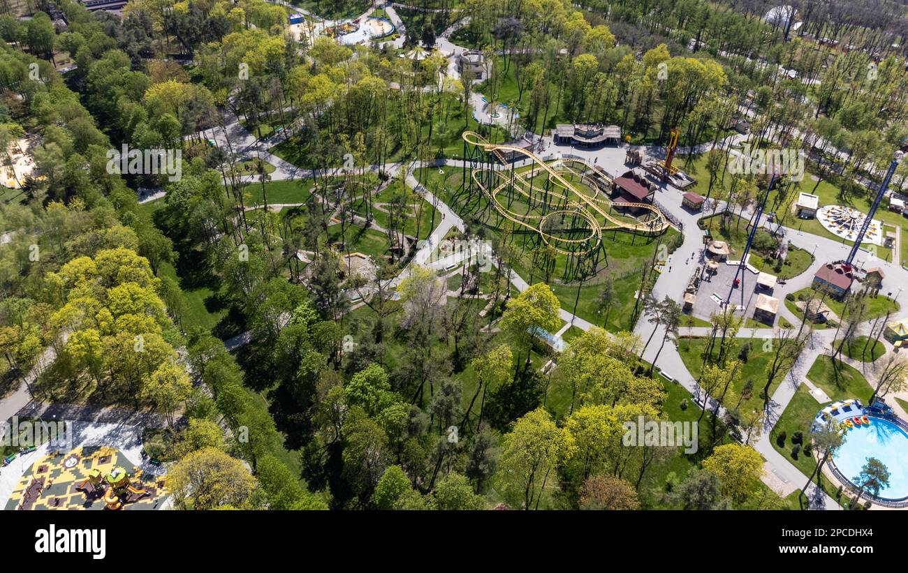 Attractions recreation area and playgrounds in spring greenery. Aerial ...