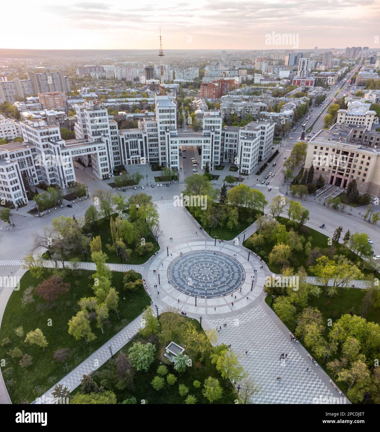 Sunset city aerial panoramic view on Derzhprom building and Freedom ...