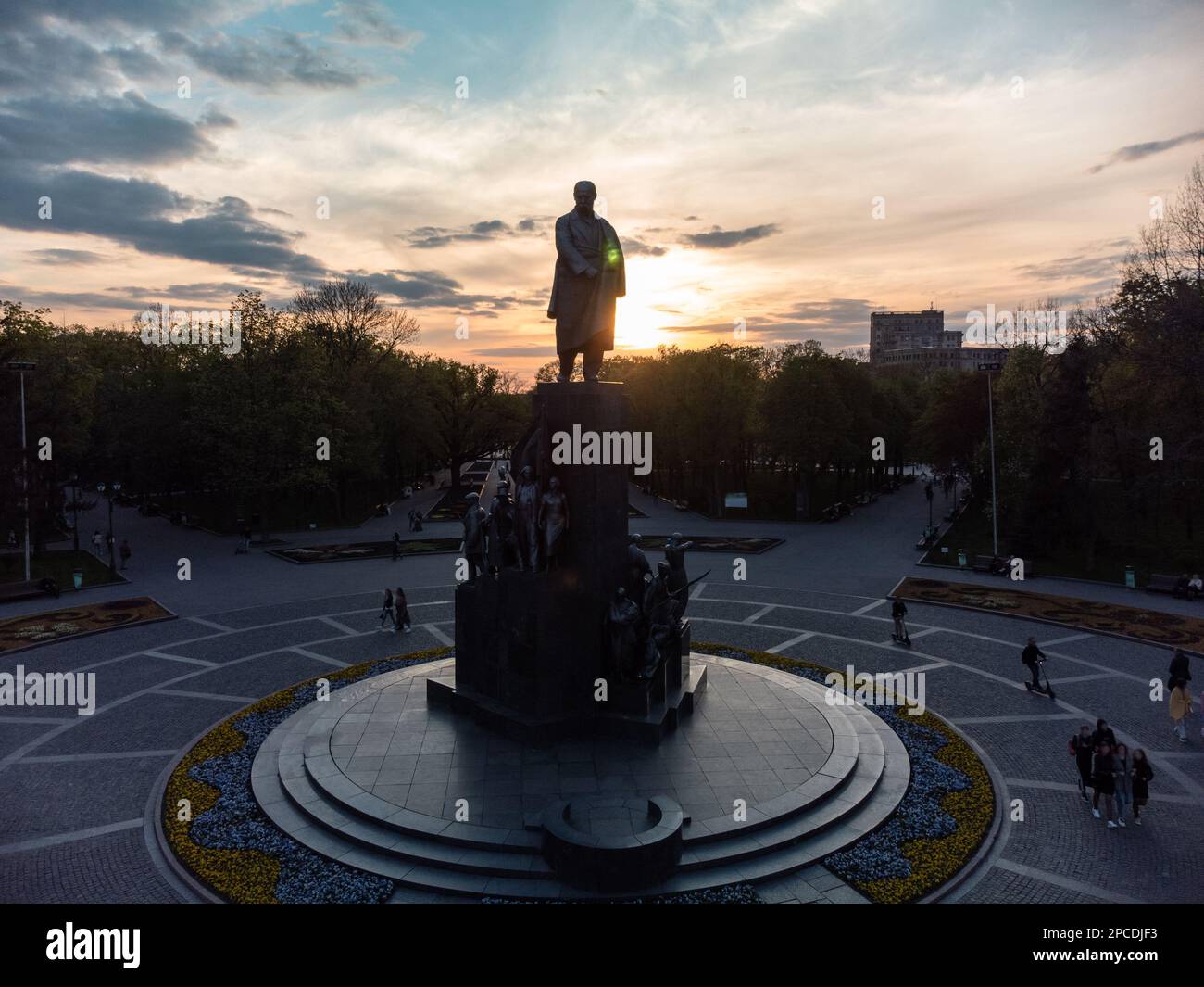 Aerial view on Taras Shevchenko Monument in spring sunset Kharkiv city ...
