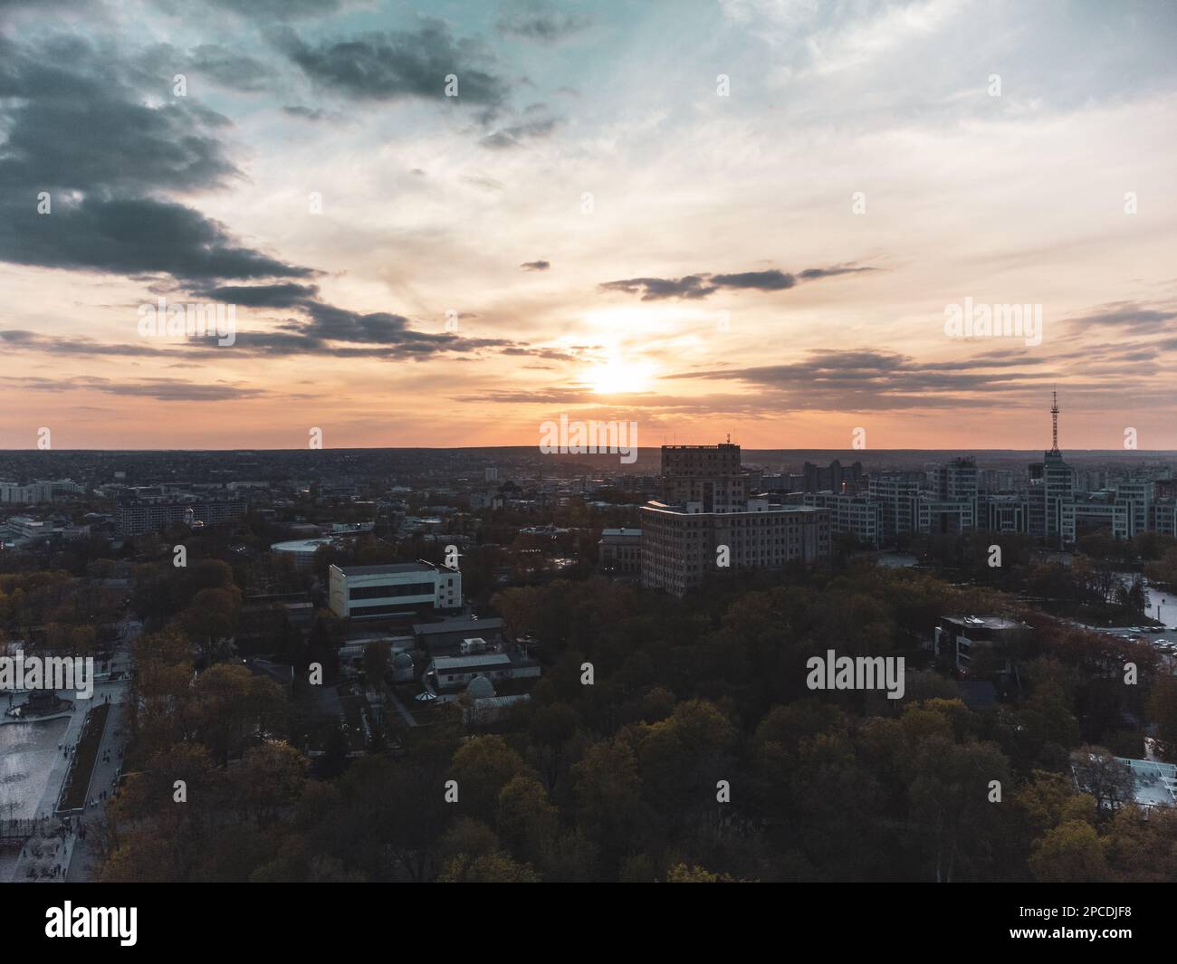 Sunset city aerial view on Kharkiv city Shevchenko park, Derzhprom and ...