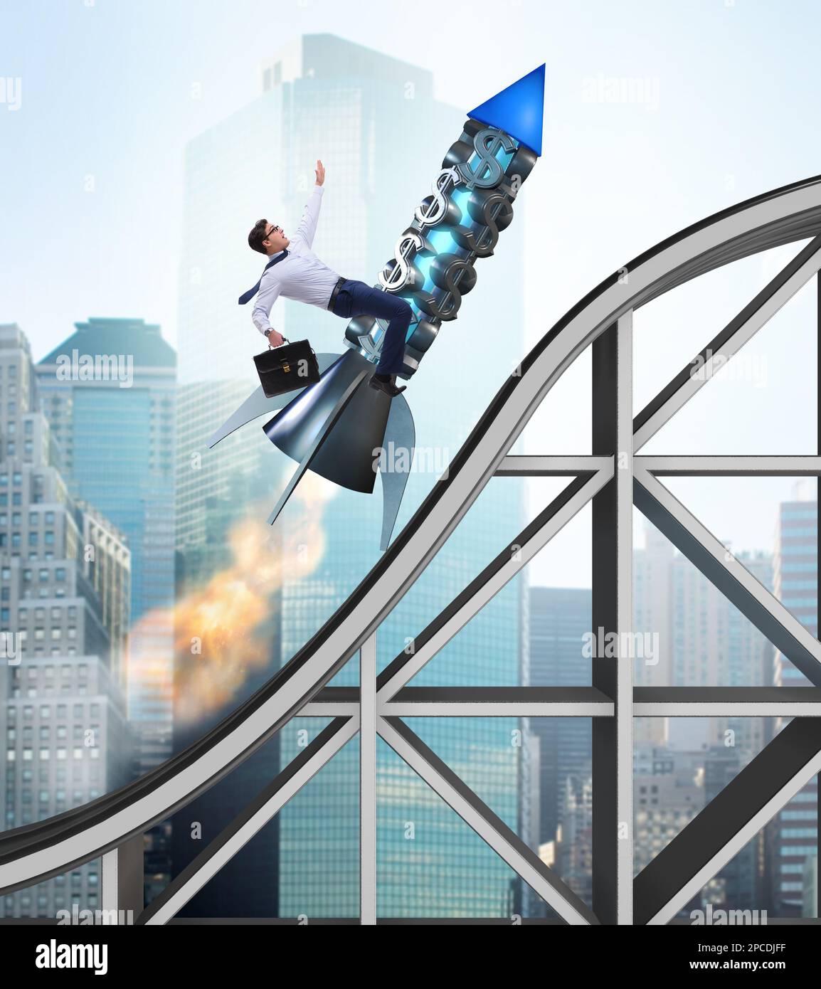 The male businessman flying on rocket in business concept Stock Photo ...