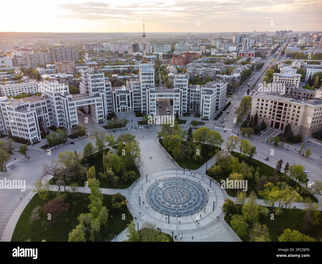 Sunset city aerial view on Derzhprom building and Freedom Square ...