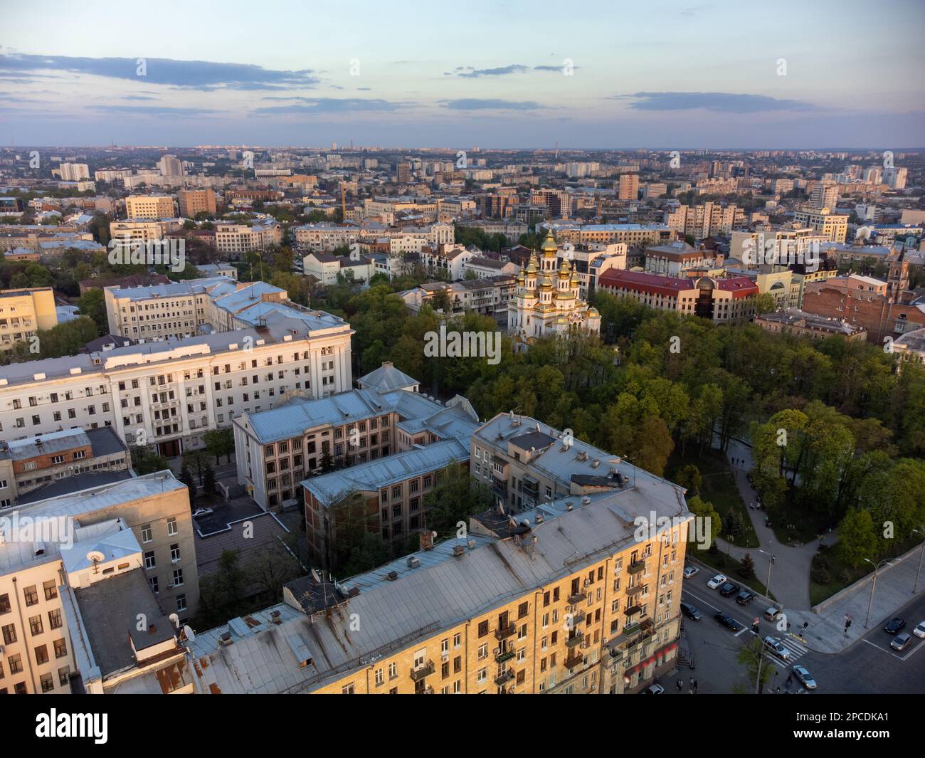 Sunny aerial spring view of tourist attractions in Kharkiv city center ...