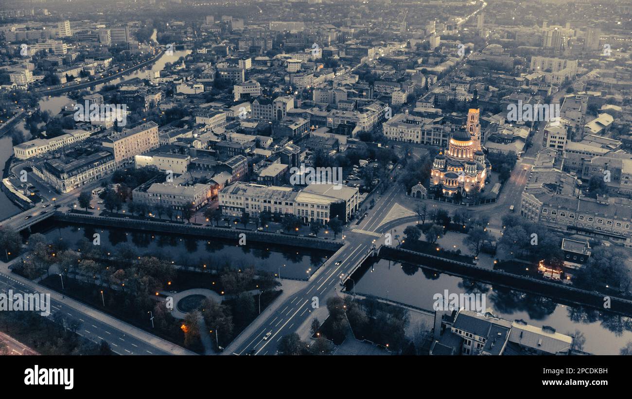 Holy Annunciation Cathedral with lights illumination in grey colorless ...