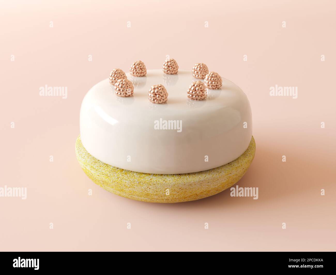 Round bento cake with milky mirror glaze and golden raspberry on a ...