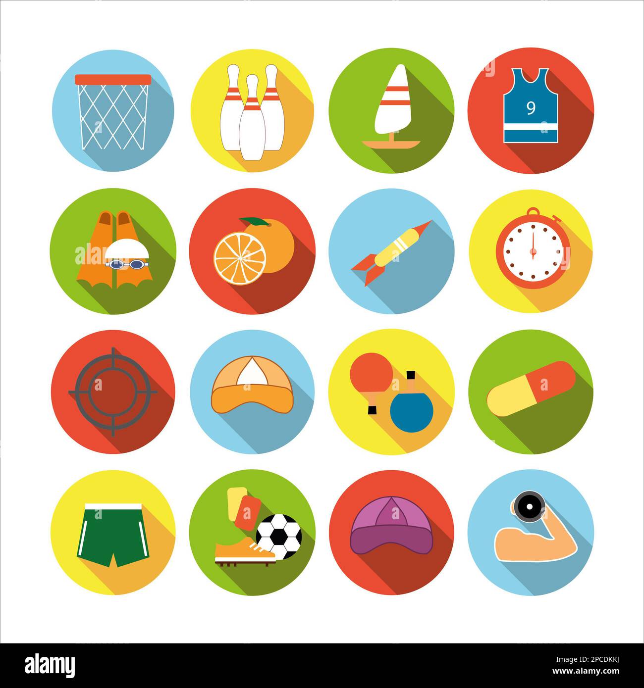 Collection of icons with different sports and healthy eating in flat ...