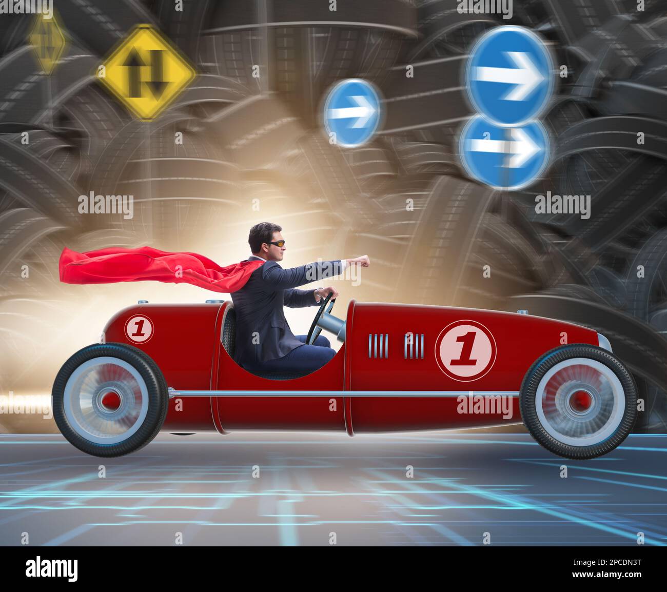 The superhero businessman driving vintage roadster Stock Photo - Alamy