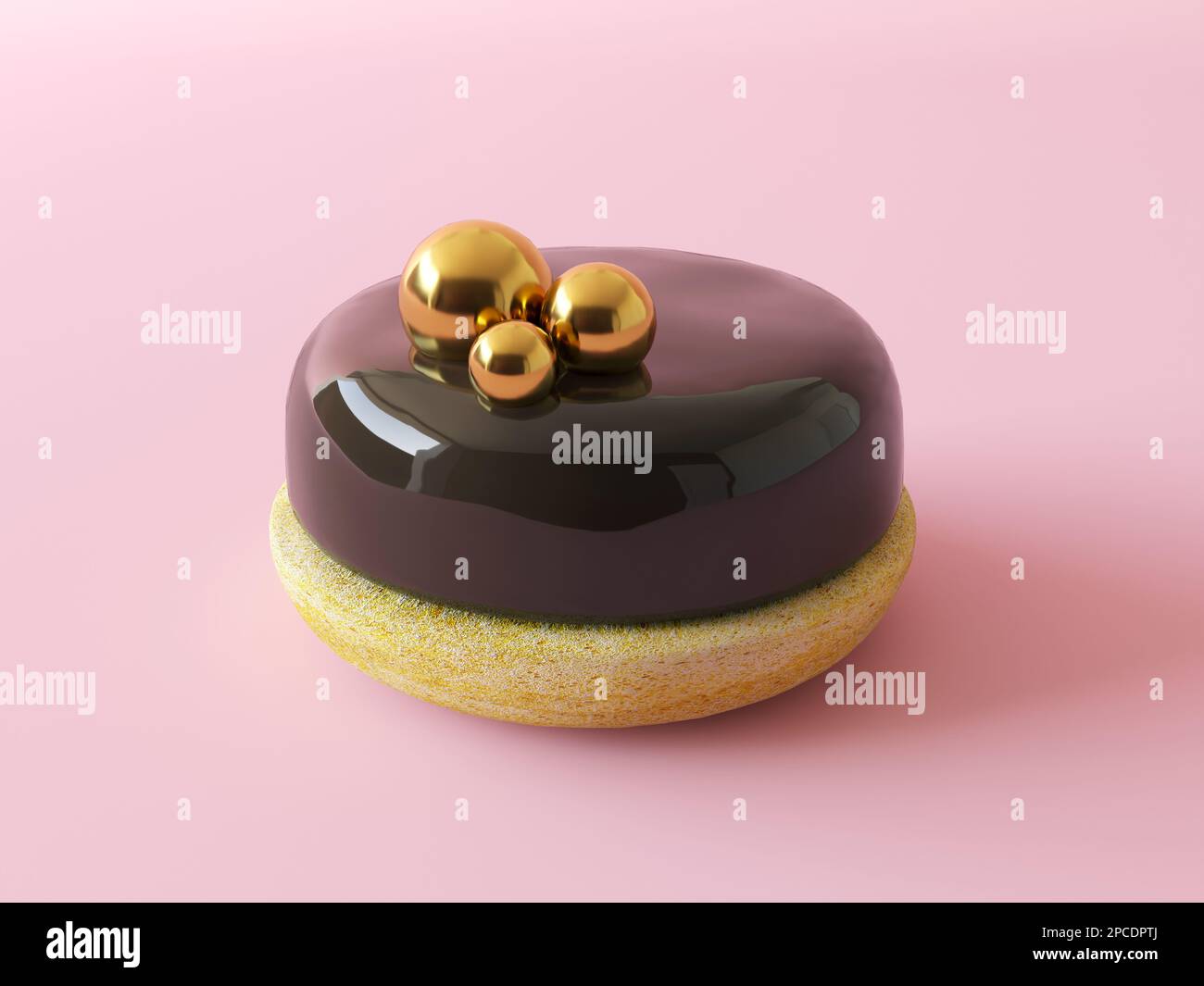 Round bento cake with chocolate mirror glaze and gold decor on a wooden ...