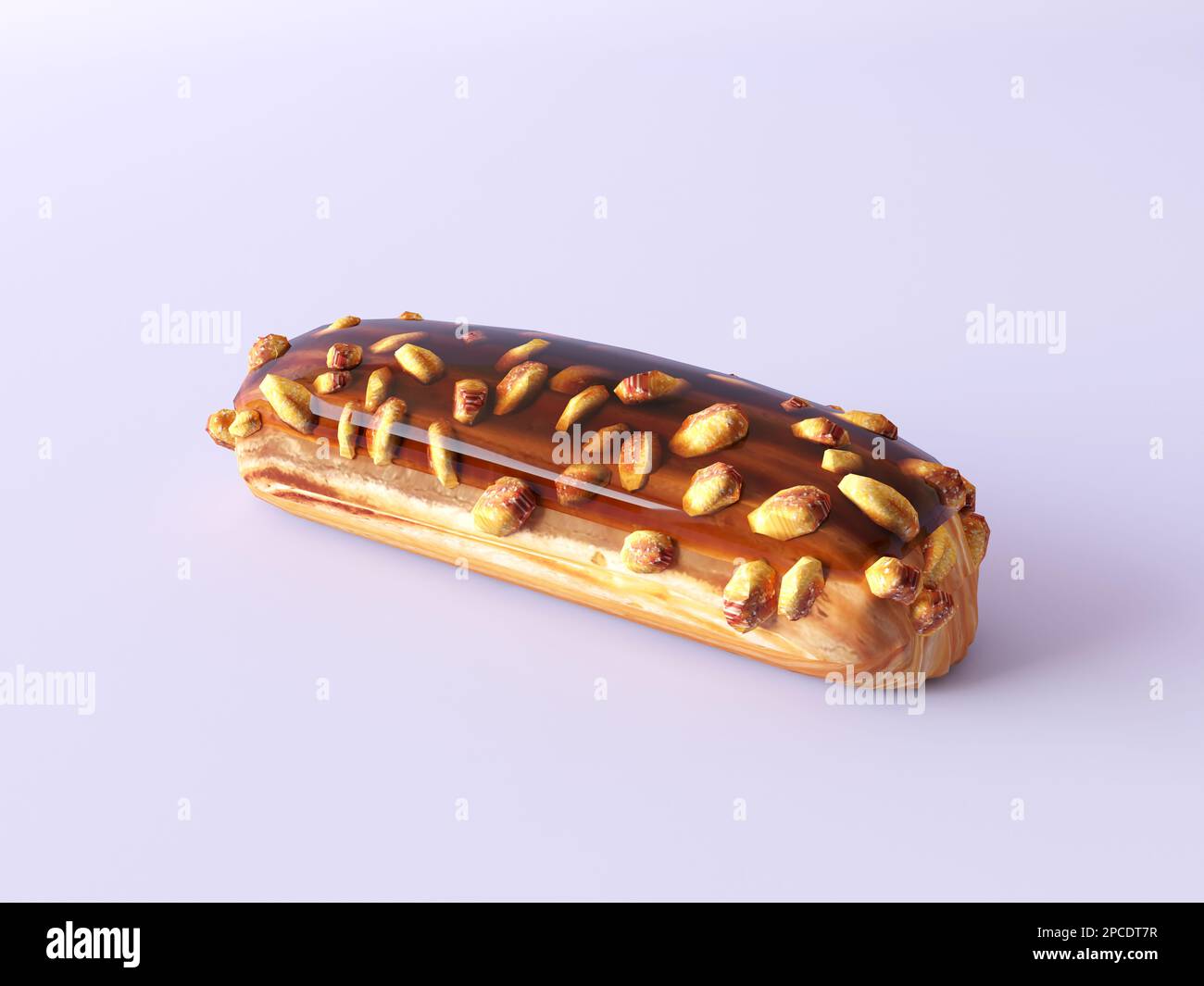 Eclair with peanuts glazed in caramel icing isolated on pastel ...