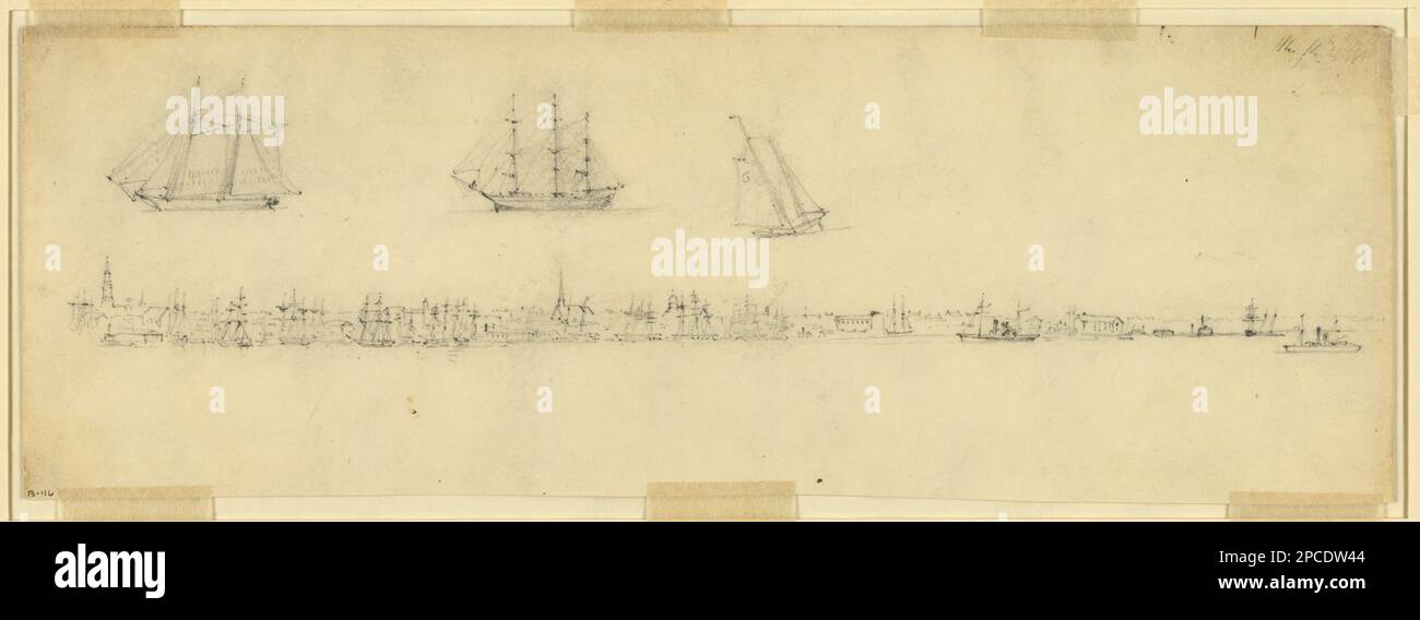 Waterfront at Charleston, South Carolina, with sketches of three ships ...