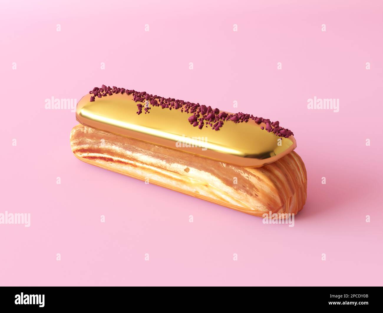 Eclair with custard, gold icing and sweet sprinkles isolated on pastel ...