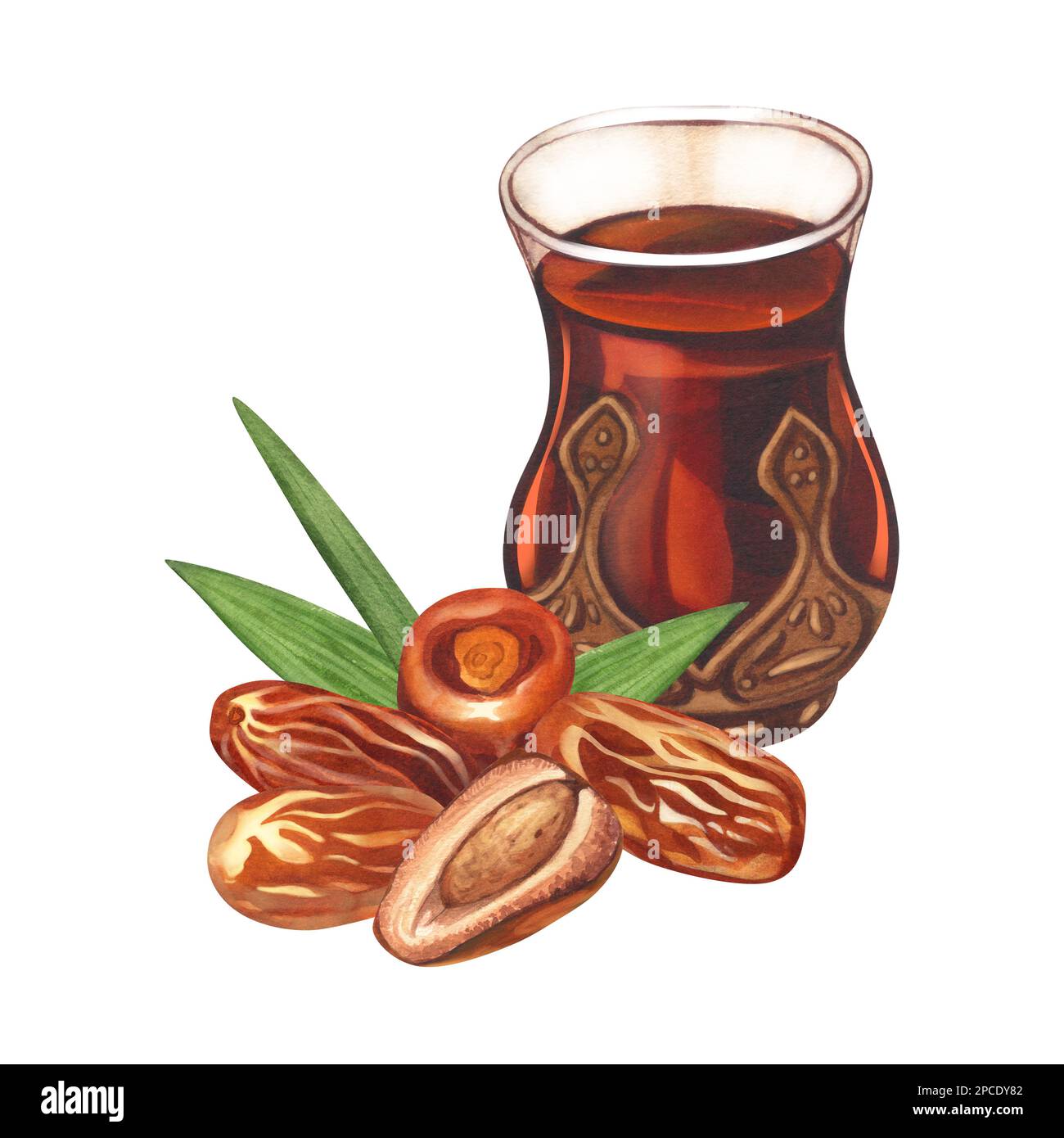 Watercolor arabian tea cup and dry palm dates fruit. Hand-drawn ...
