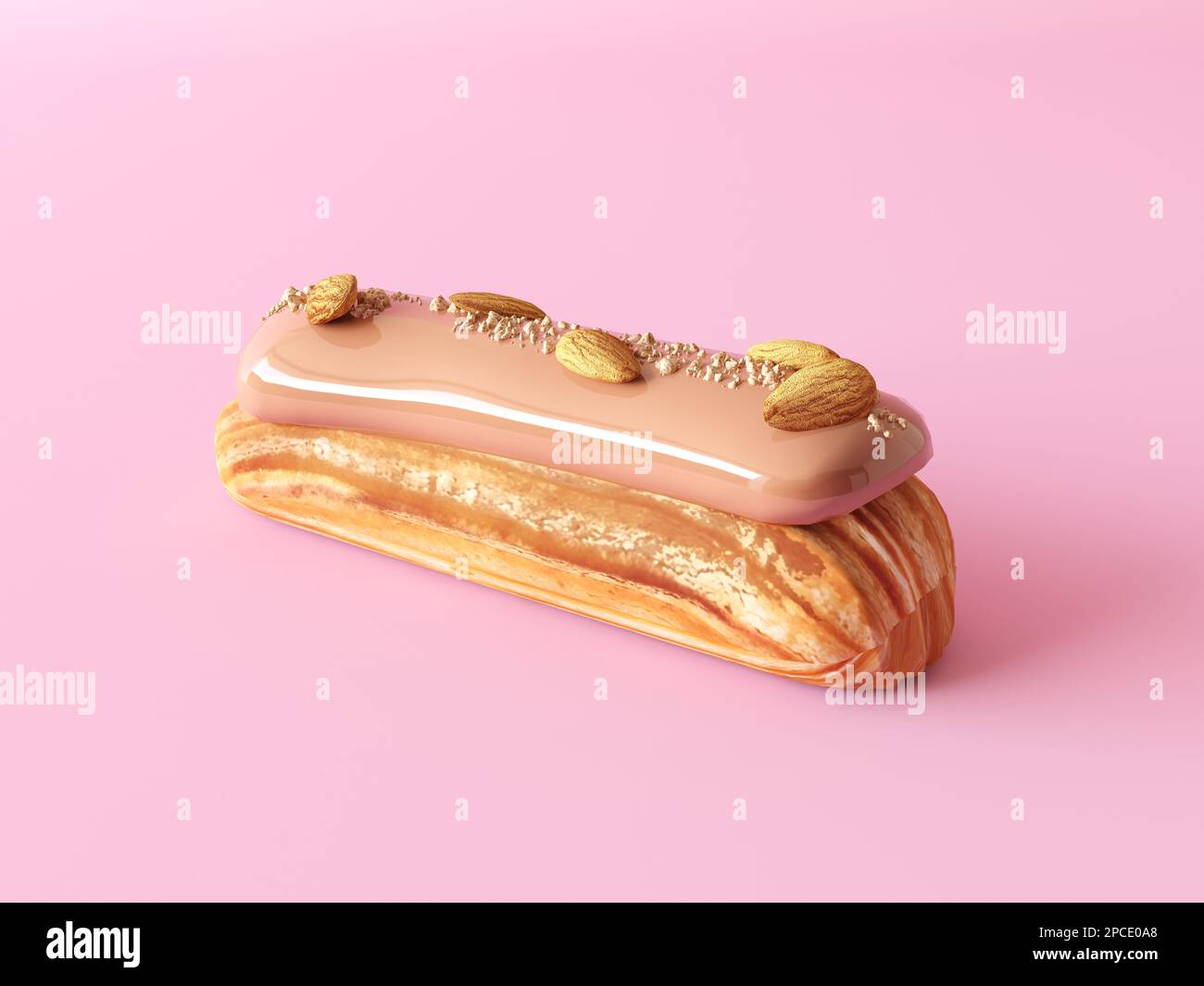 Eclair with pralines icing and almonds nuts isolated on pastel ...
