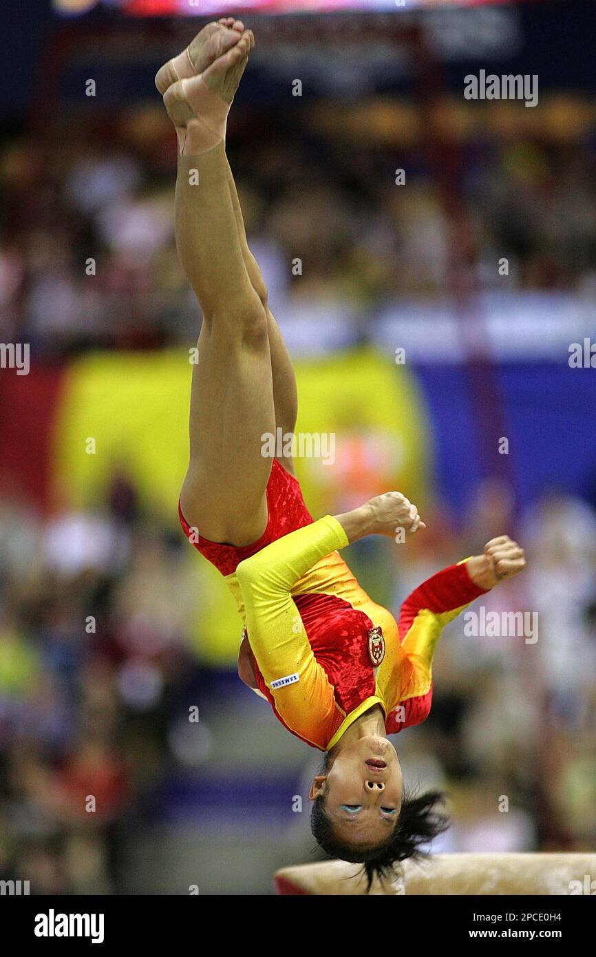 Cheng Fei, China, in action to win gold in the vault, during the ...