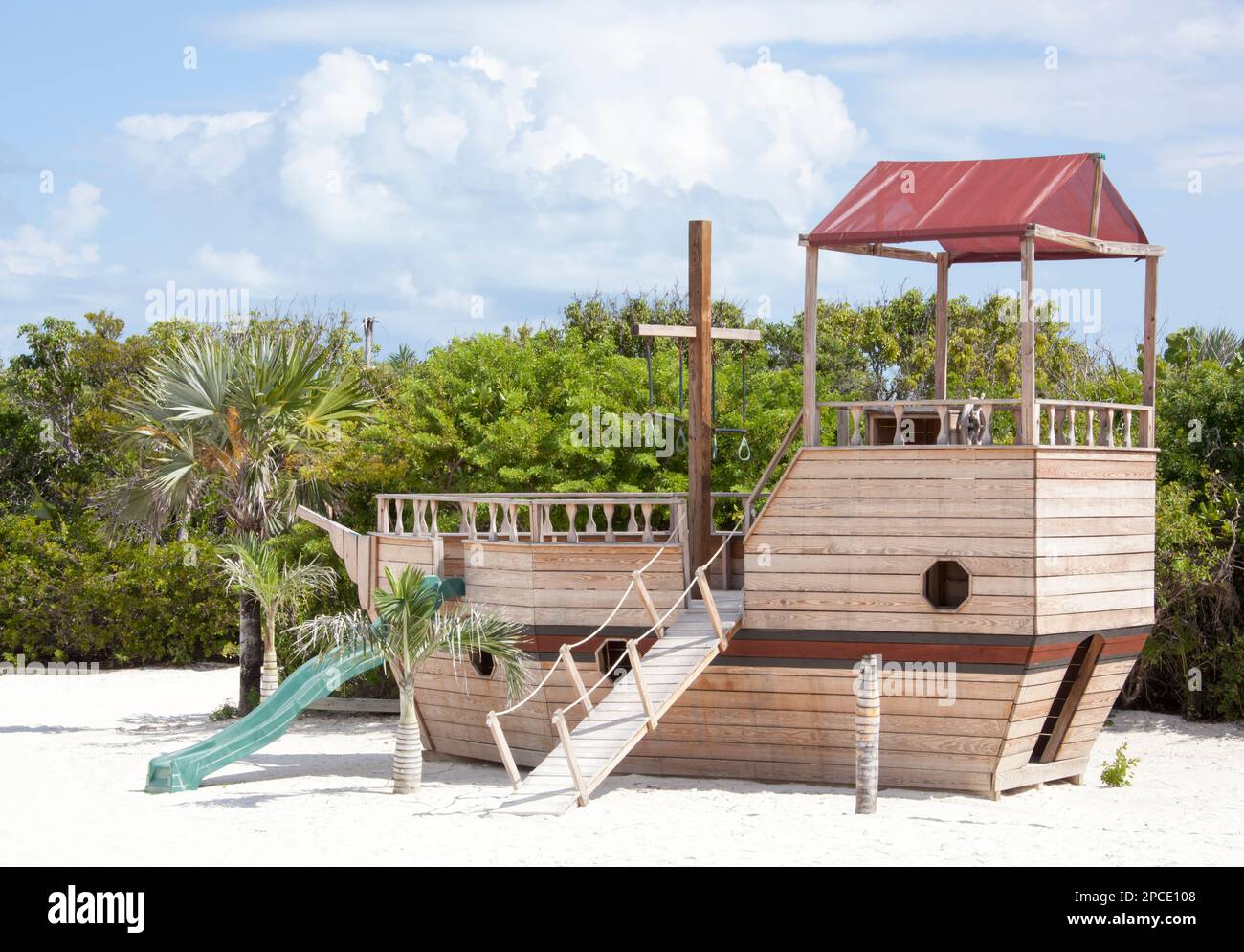 The children playground in a shape of a ship on a little tourist island ...