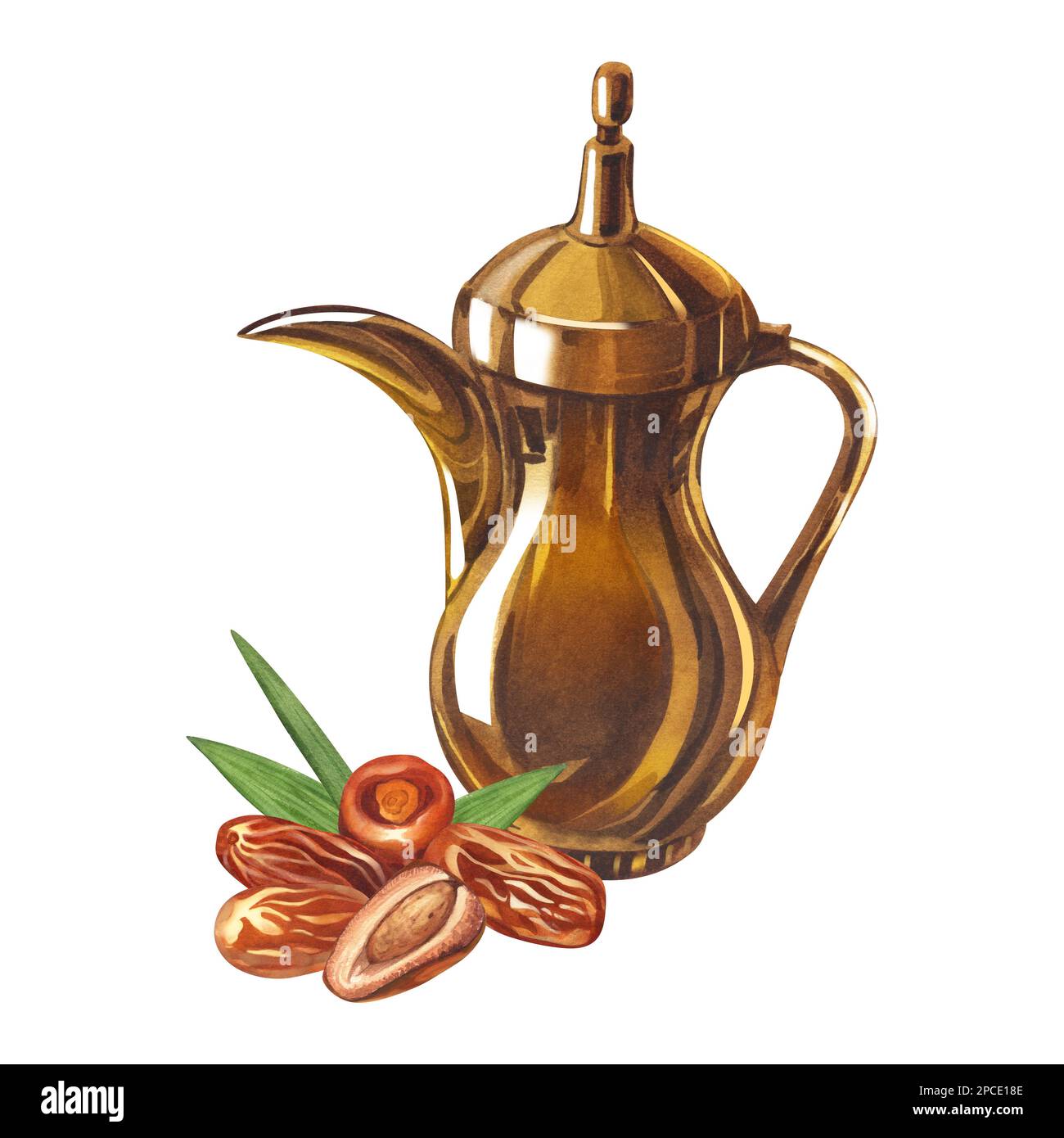 Watercolor arabian tea pot and dry palm dates fruit. Hand-drawn ...