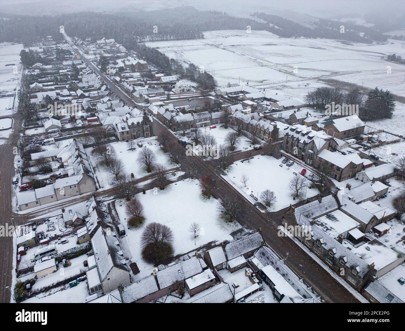 Tomintoul, Moray, Scotland, UK. 13 March 2023. Aerial view of village ...
