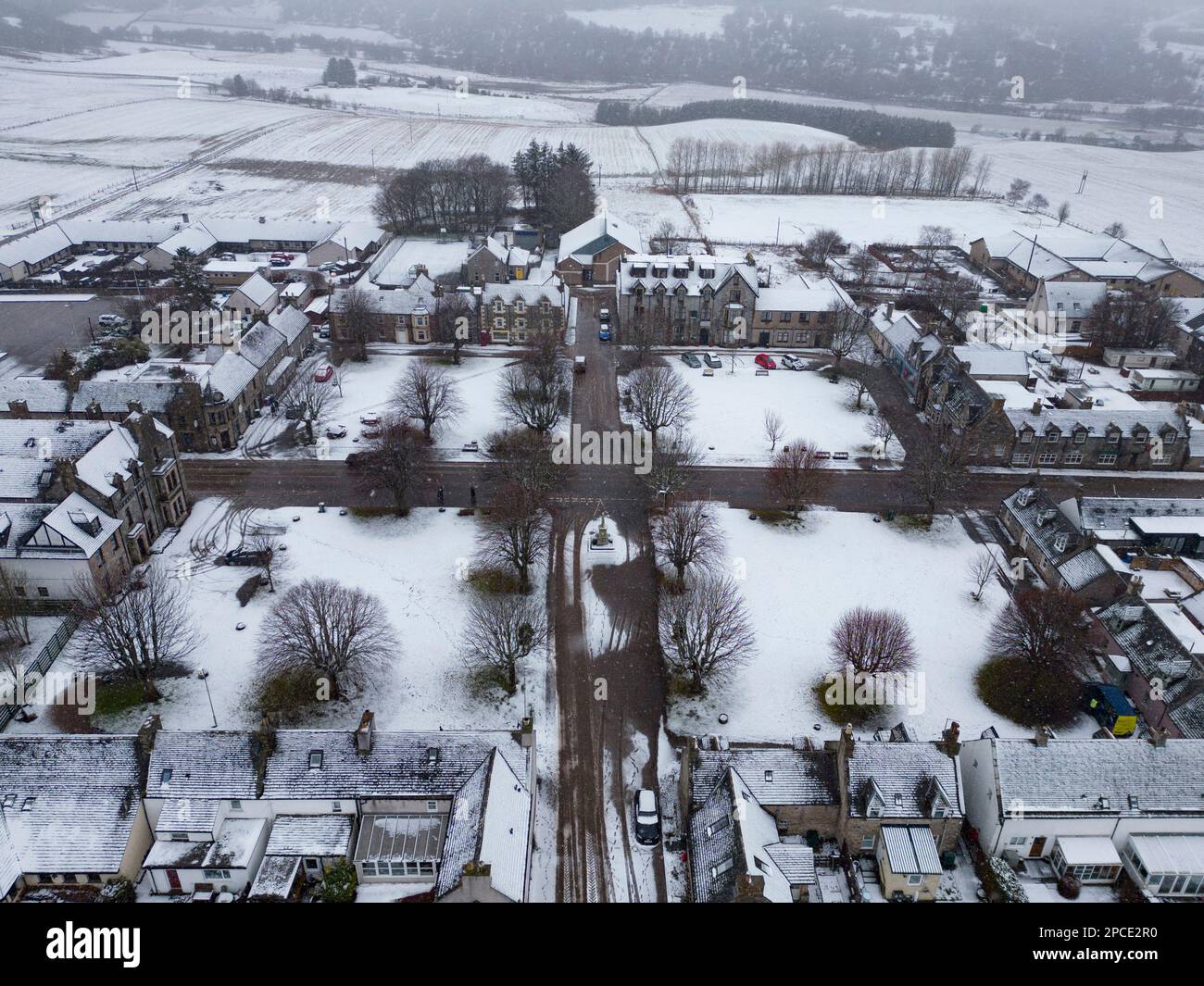 Tomintoul, Moray, Scotland, UK. 13 March 2023. Aerial view of village ...