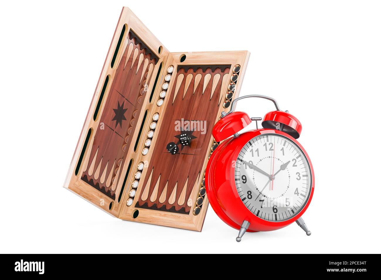 Backgammon, board game with alarm clock, 3D rendering isolated on white ...