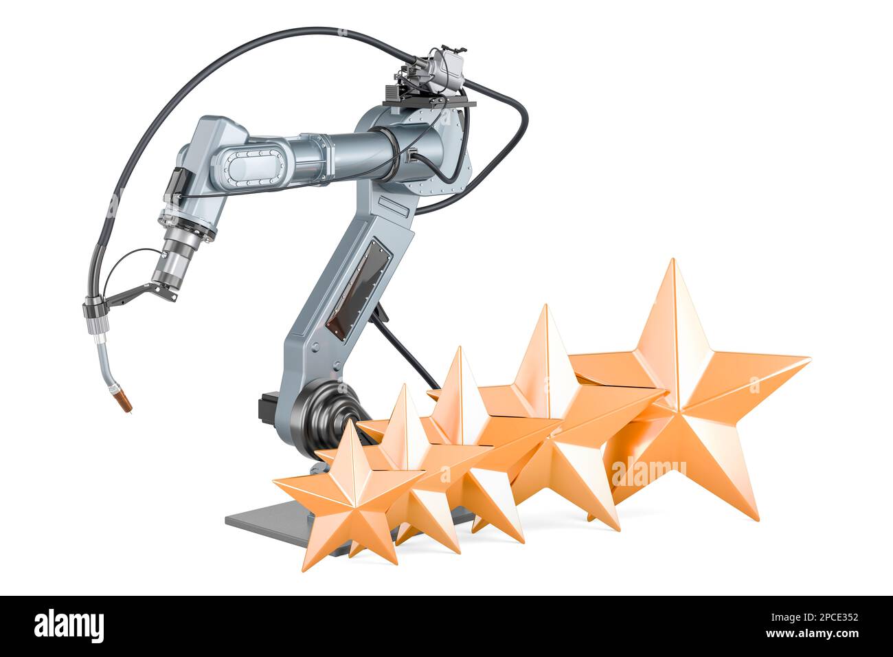 Robot welding with five golden stars. Customer rating, 3D rendering ...