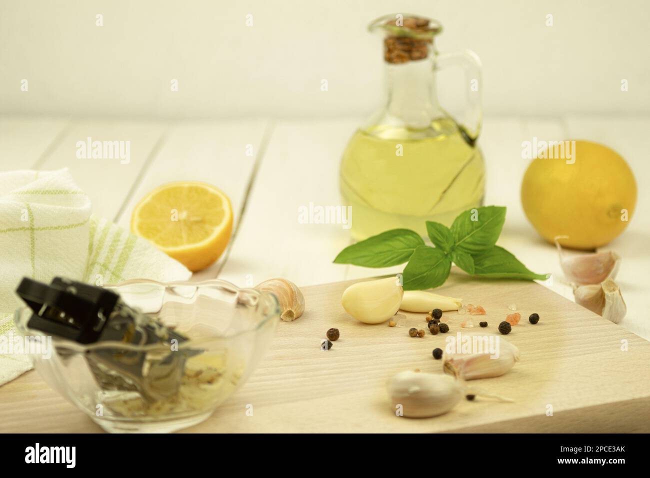 Fresh garlic and spices, sauce preparation process. Background with ...