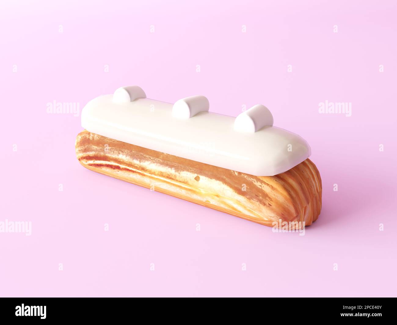 Eclair with custard and white chocolate icing and marshmallows isolated ...