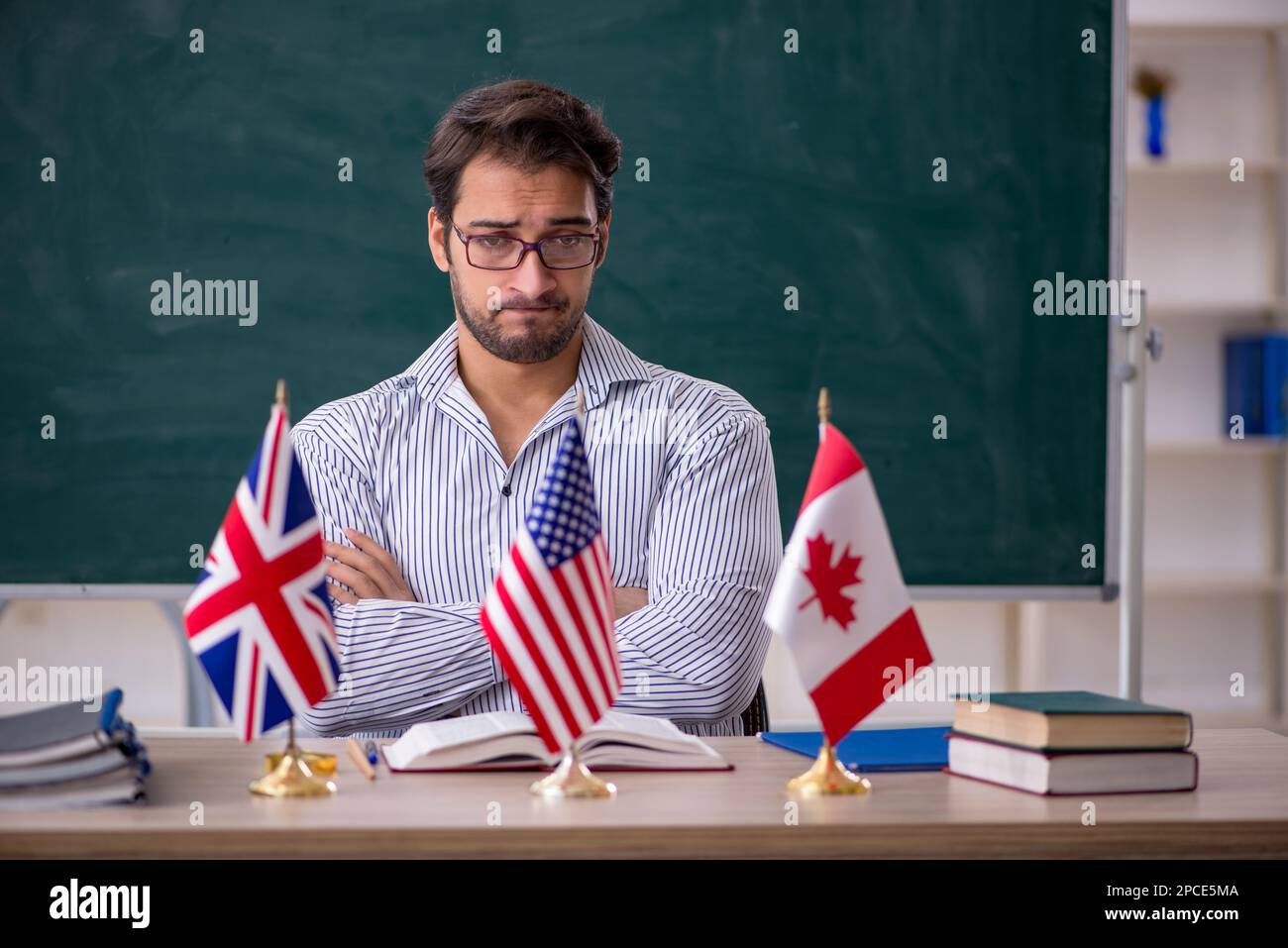 Young English language teacher sitting in the classroom Stock Photo - Alamy