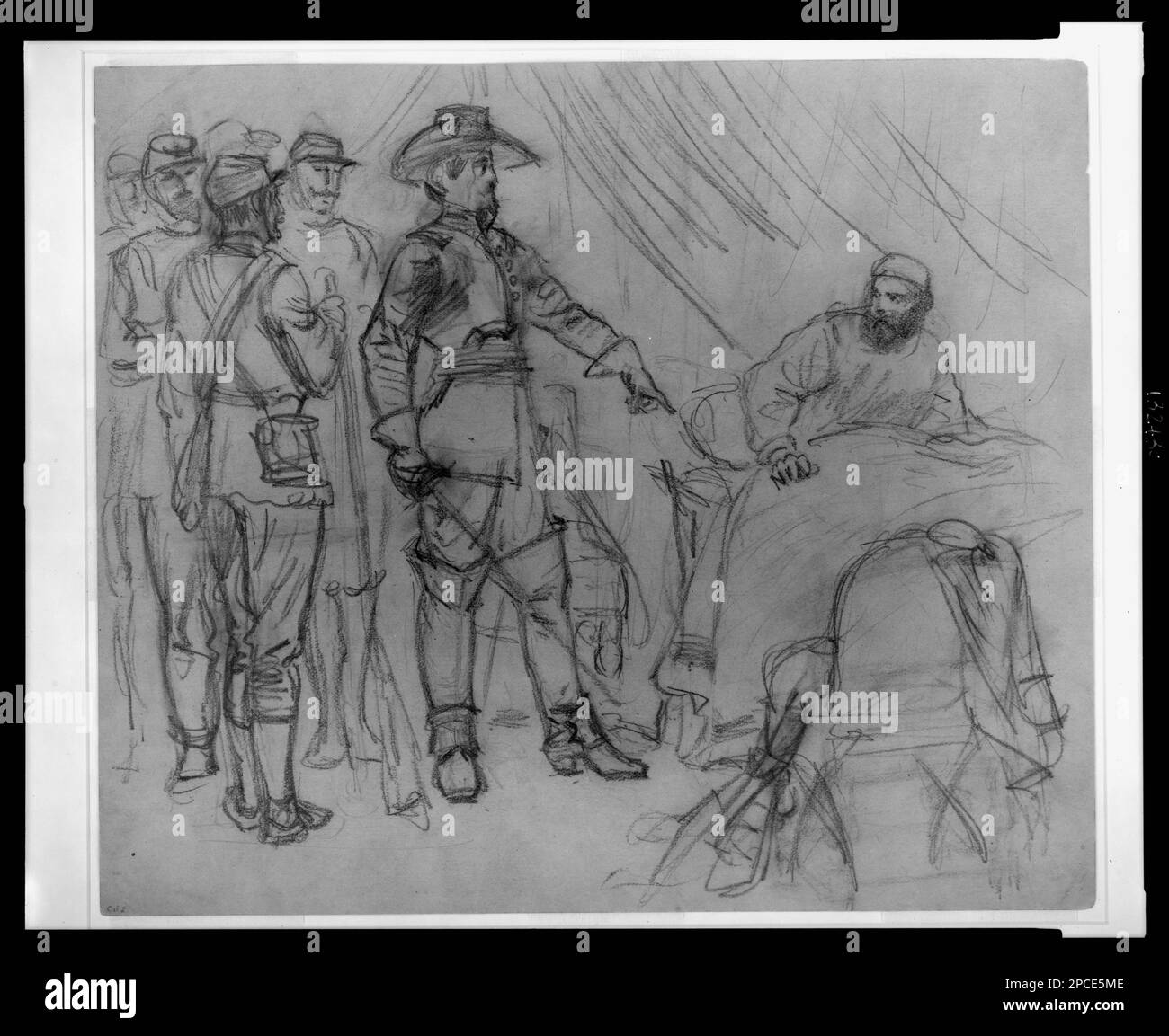 Officer pointing to man in bed in a tent. Morgan collection of Civil ...