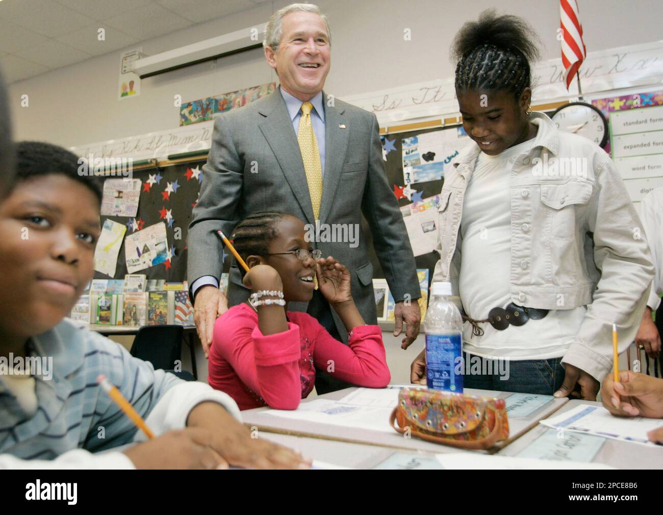 President Bush visits a fifth grade class at Waldo C. Falkener ...
