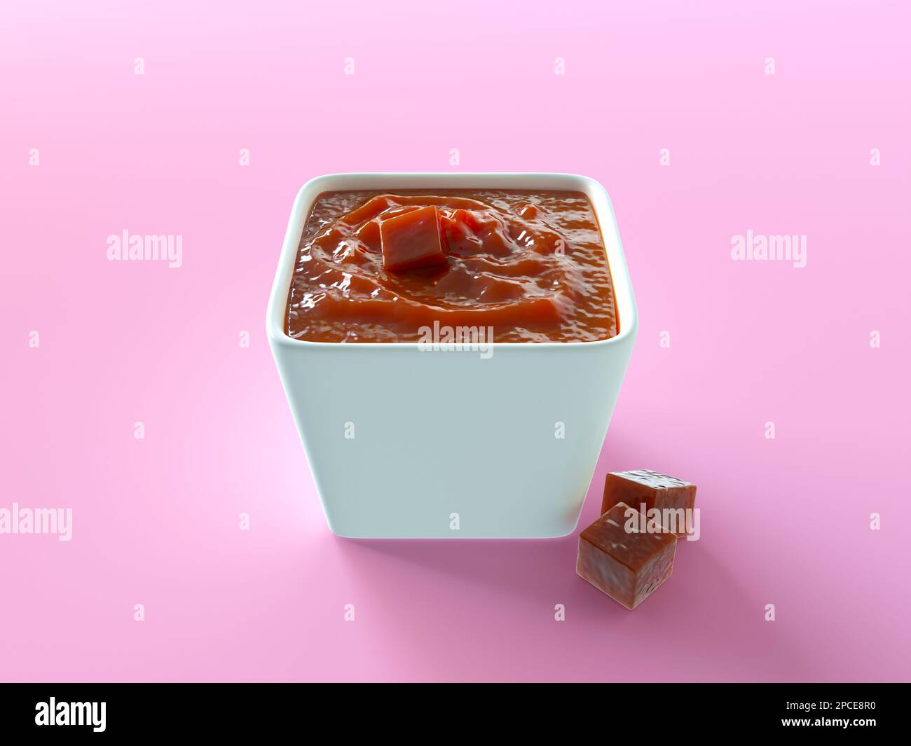 Container full of caramel sauce. Liquid caramel paste in white glass ...